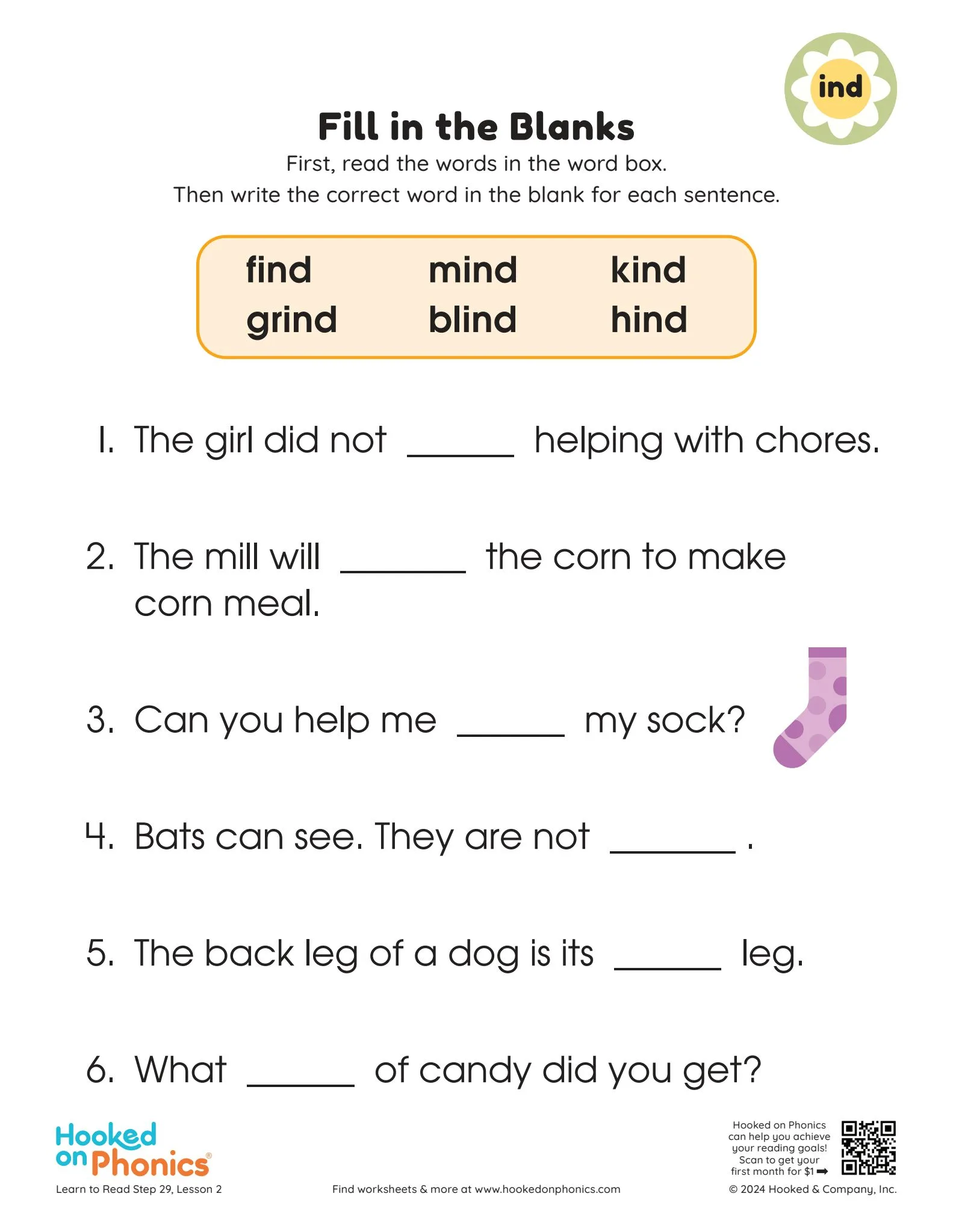 IND Words Fill in the Blanks Worksheet | Hooked on Phonics