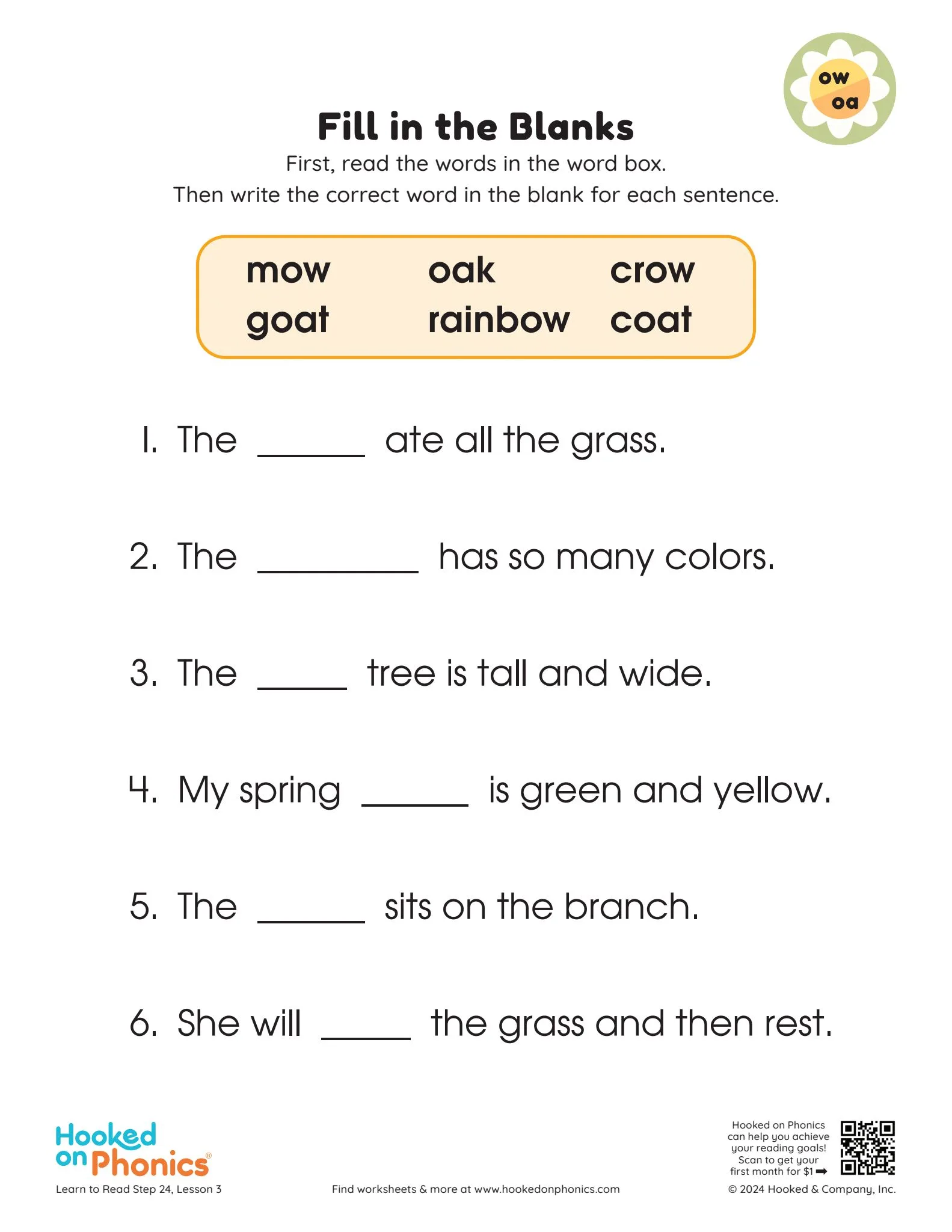 OW-OA Vowel Team Fill in the Blanks Worksheet | Hooked on Phonics OW-OA Vowel Team Fill in the Blanks Worksheet | Hooked on Phonics