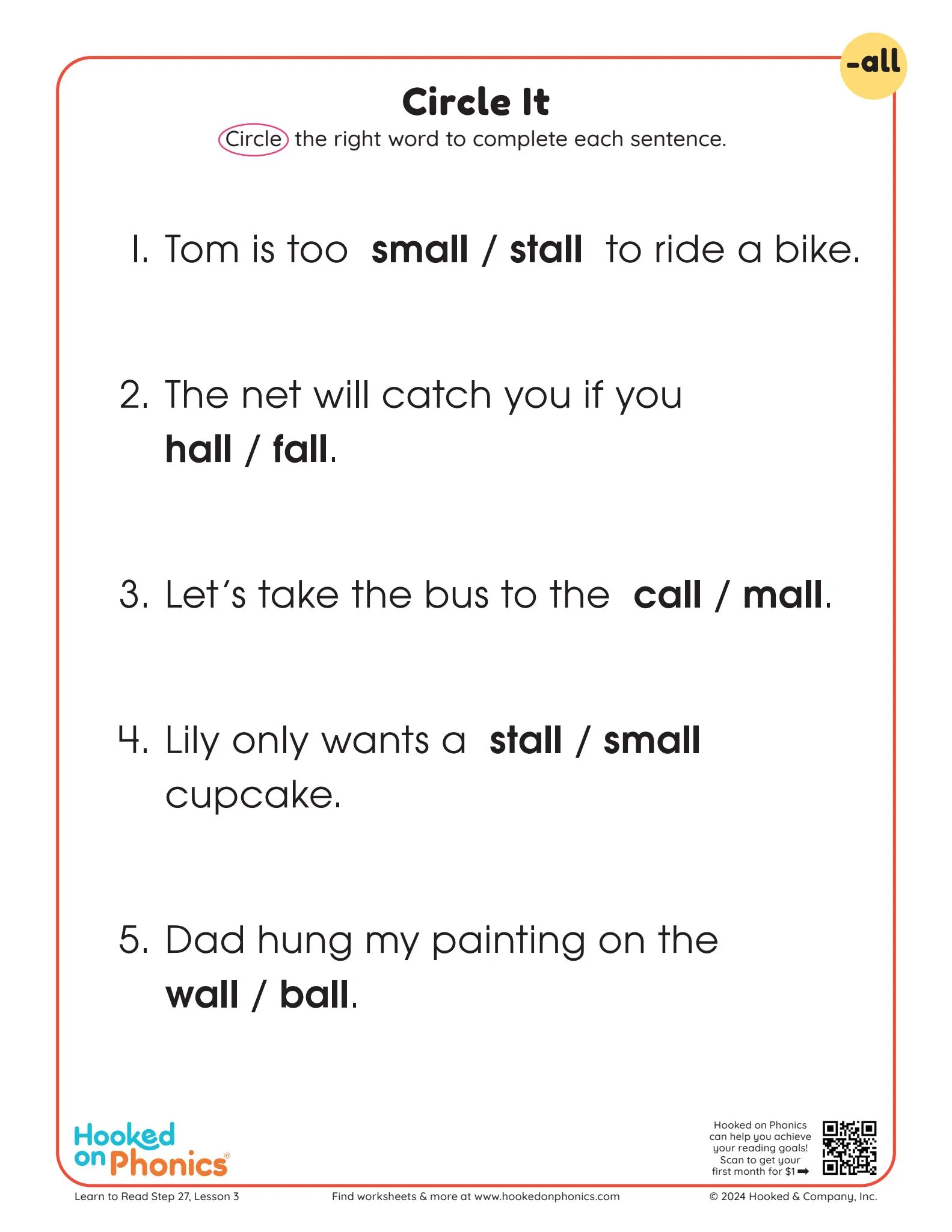 ALL Word Family Circle It Worksheet | Hooked on Phonics