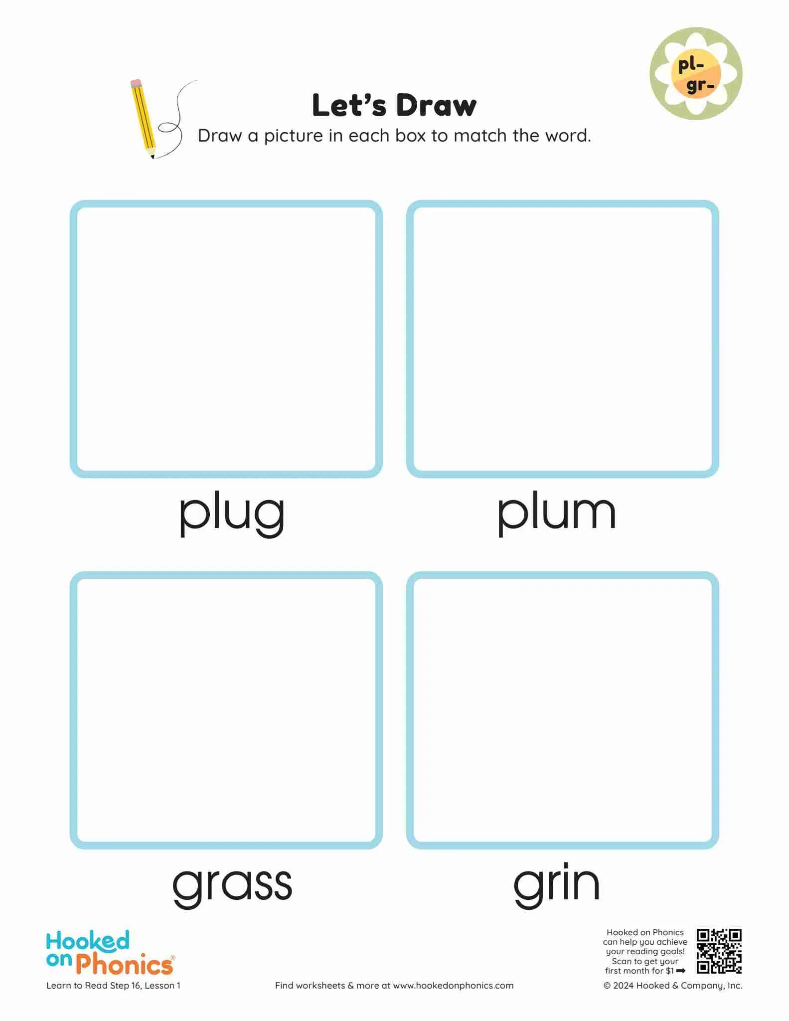 PL-GR Beginning Blend Let's Draw Worksheet | Hooked on Phonics