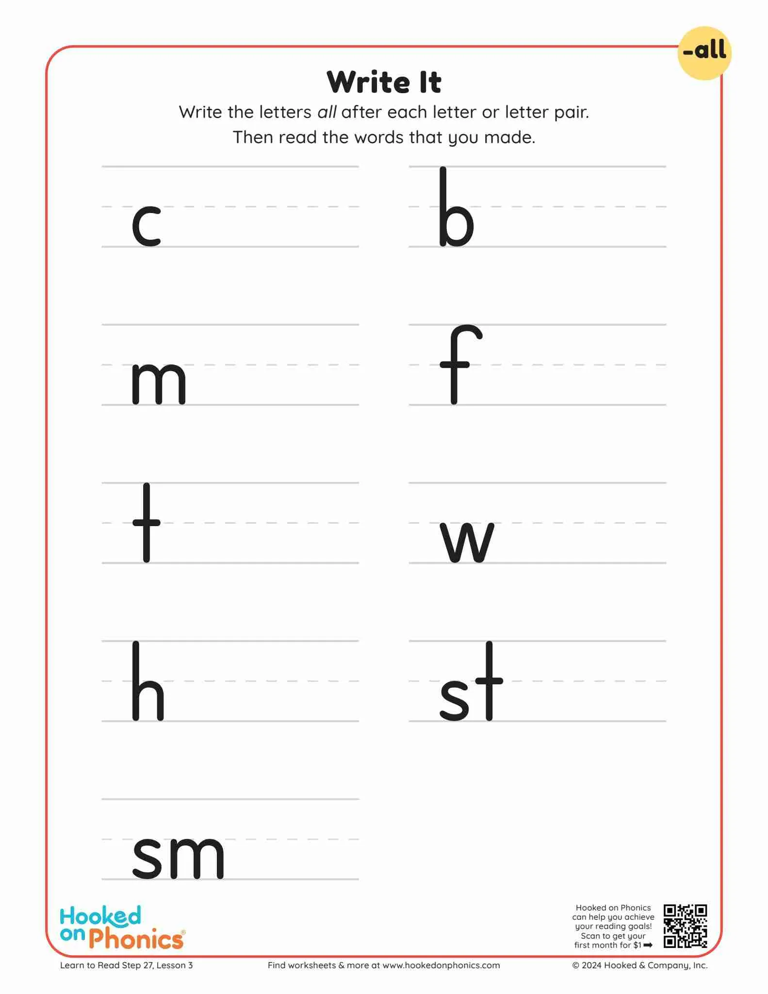 ALL Word Family Write It Worksheet | Hooked on Phonics