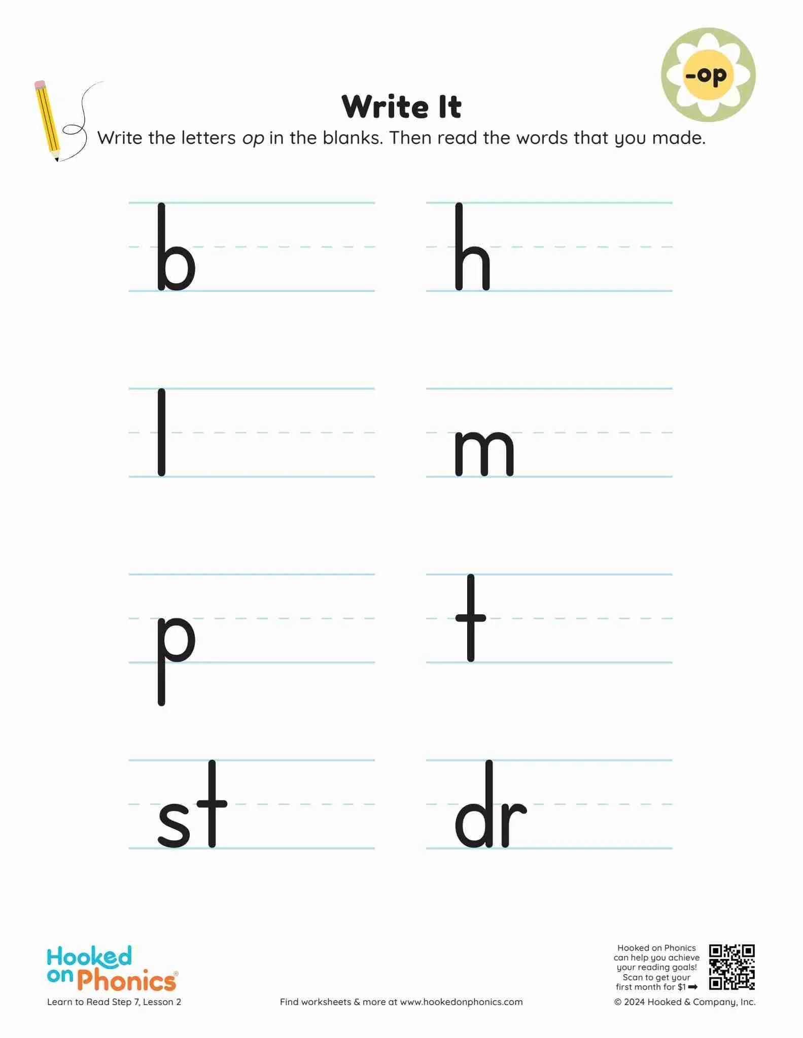 OP Word Family Write It Worksheet | Hooked on Phonics