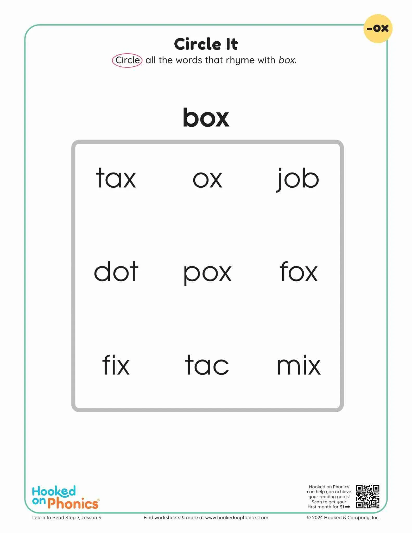 OX Word Family Circle It Worksheet | Hooked on Phonics