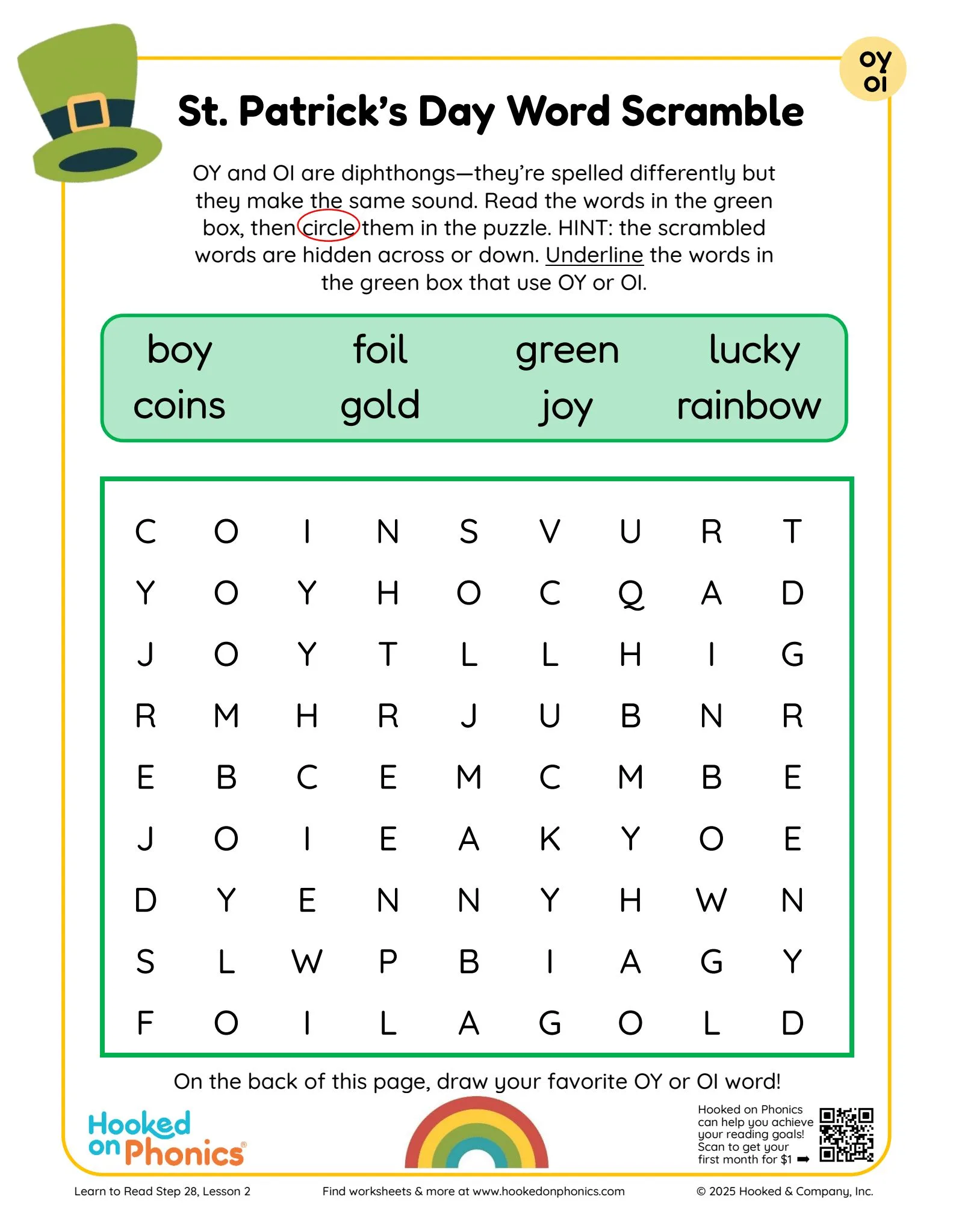 OY-OI Vowel Team Word Find - St. Patrick's Day | Hooked on Phonics
