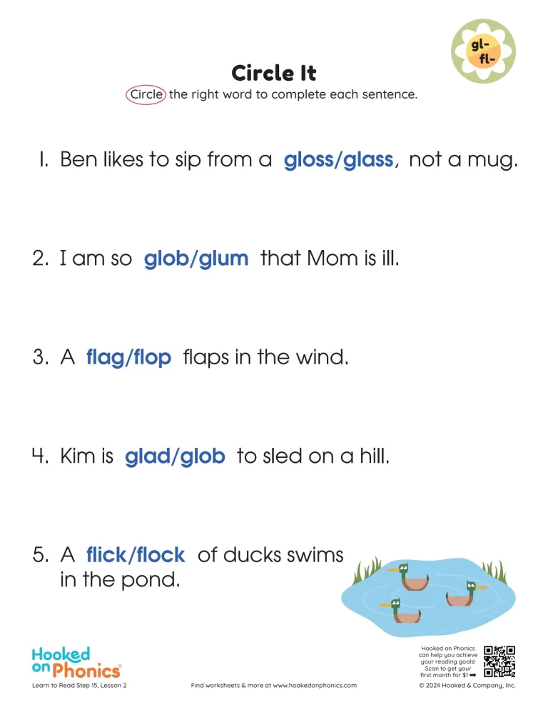 GL-FL Beginning Blend Circle It Worksheet | Hooked on Phonics