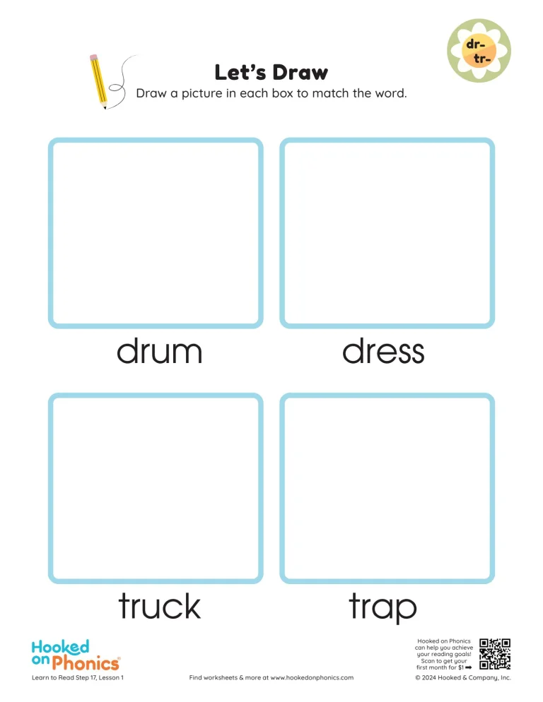 DR-TR Beginning Blend Let's Draw Worksheet | Hooked on Phonics