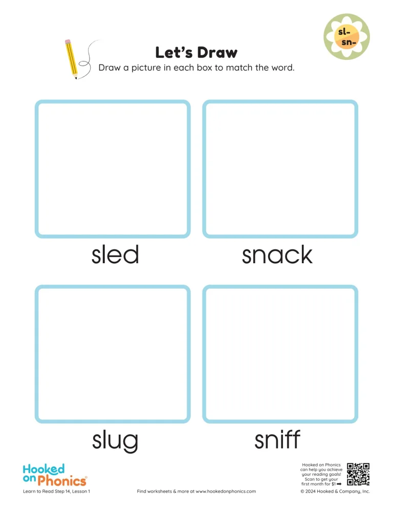SL-SN Beginning Blend Let's Draw Worksheet | Hooked on Phonics