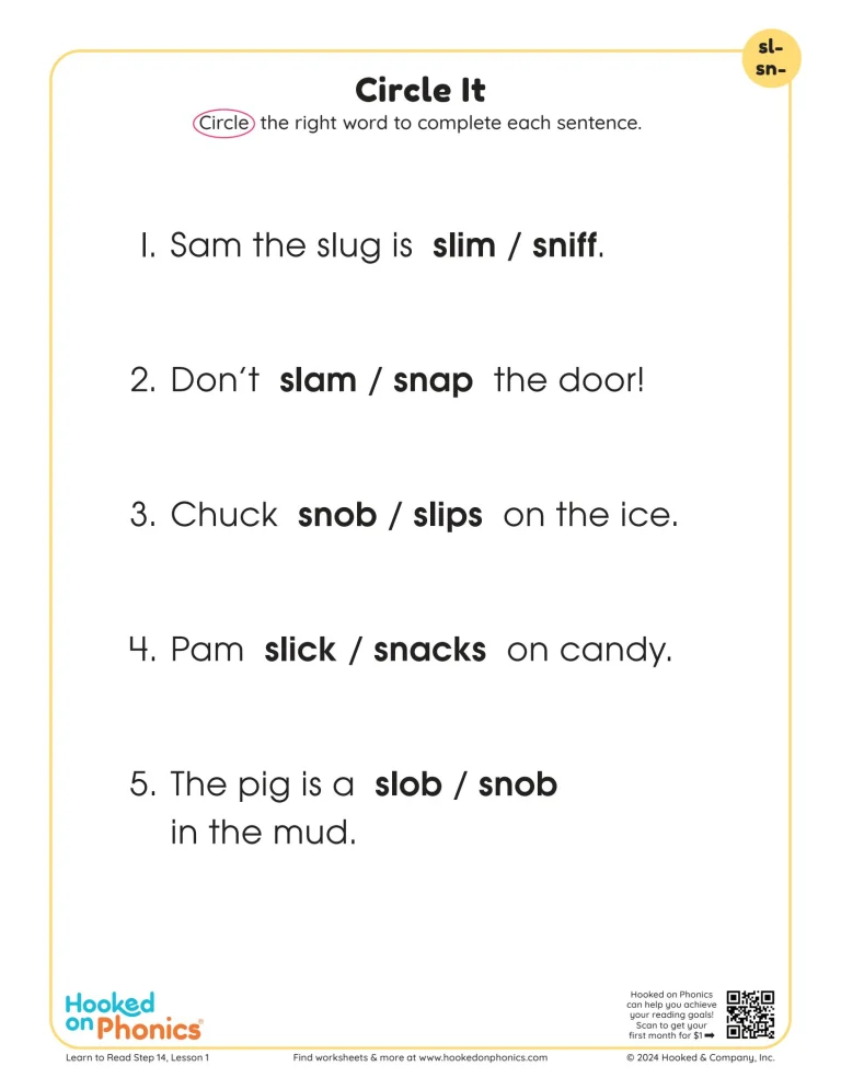 SL-SN Beginning Blend Circle It Worksheet | Hooked on Phonics