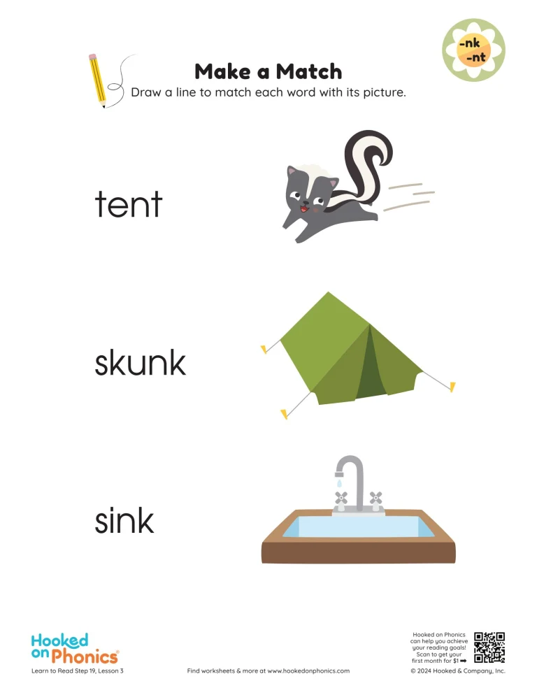 NK-NT Ending Blend Make a Match Worksheet | Hooked on Phonics