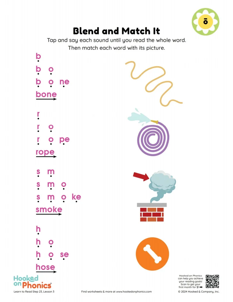 Long O Vowel Blend and Match Worksheet | Hooked on Phonics