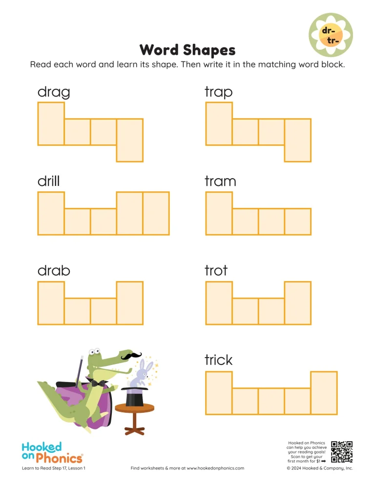 DR-TR Beginning Blend Word Shapes Worksheet | Hooked on Phonics
