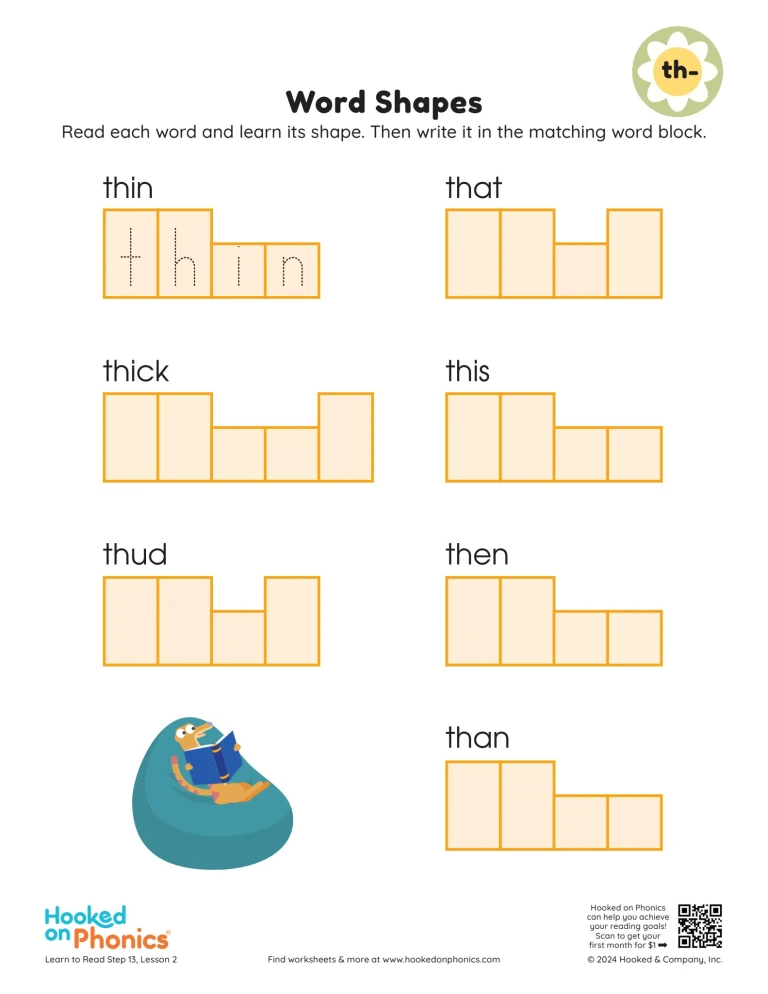 TH Words Word Shapes Worksheet | Hooked on Phonics