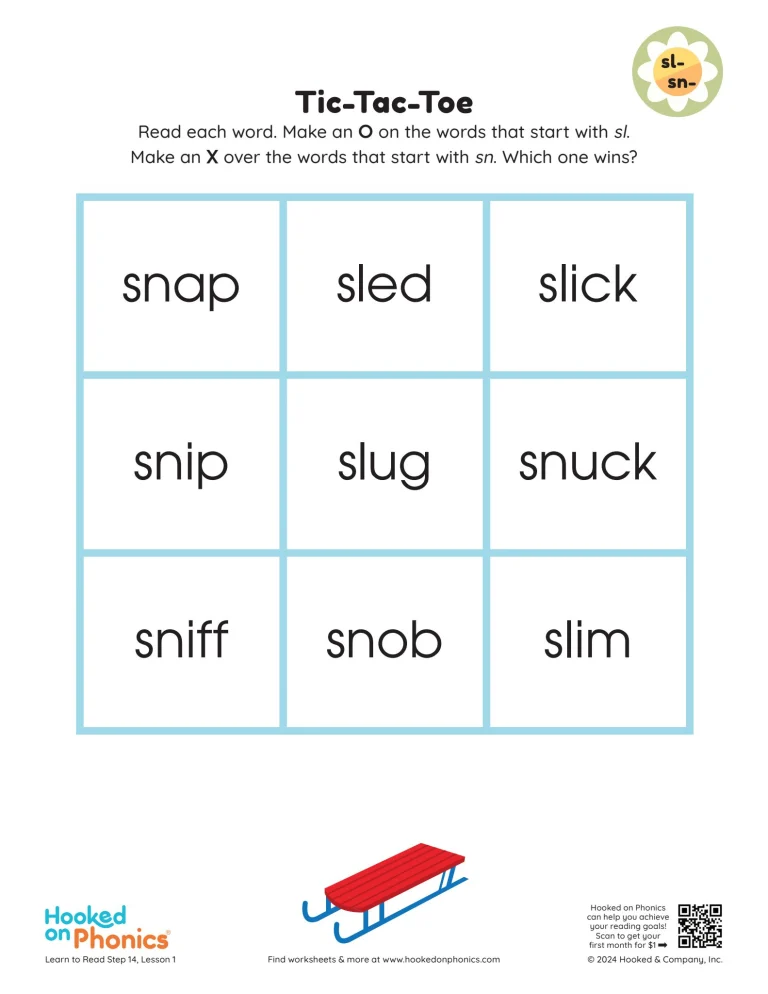 SL-SN Beginning Blend Tic-Tac-Toe Worksheet | Hooked on Phonics