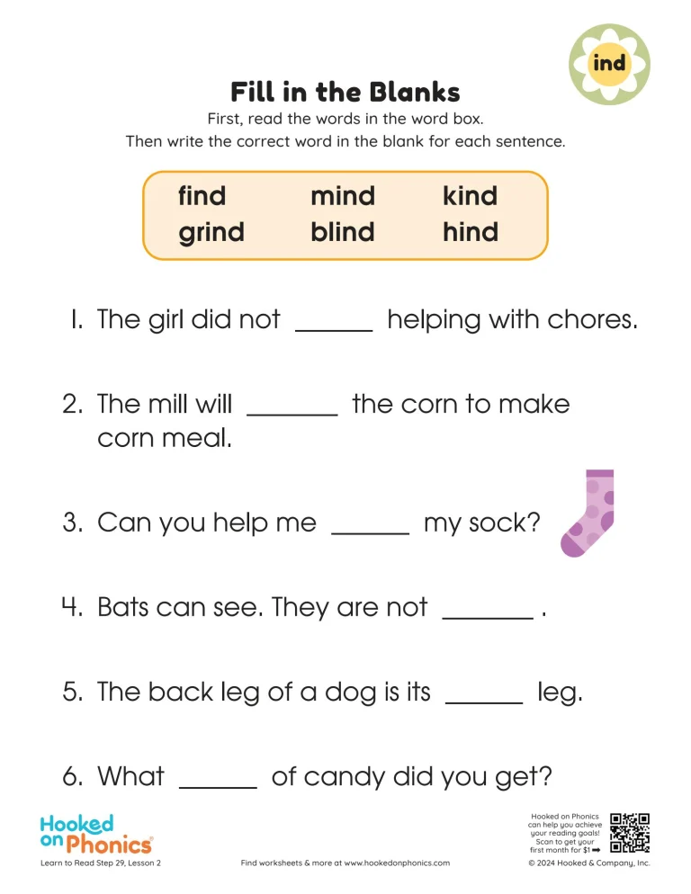IND Words Fill in the Blanks Worksheet | Hooked on Phonics