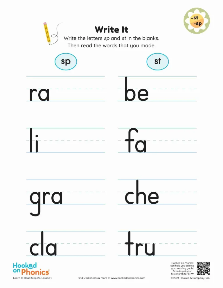 ST-SP Ending Blend Write It Worksheet | Hooked on Phonics