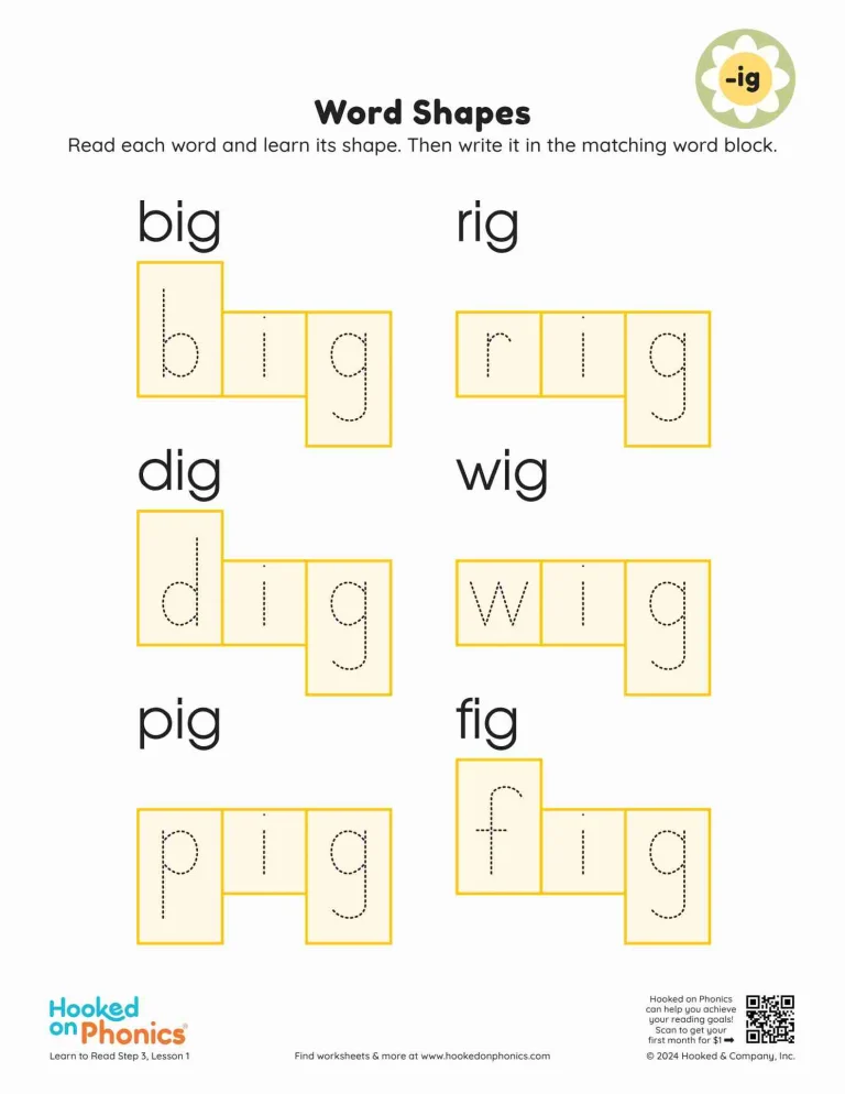 IG Word Family Word Shapes Worksheet | Hooked on Phonics