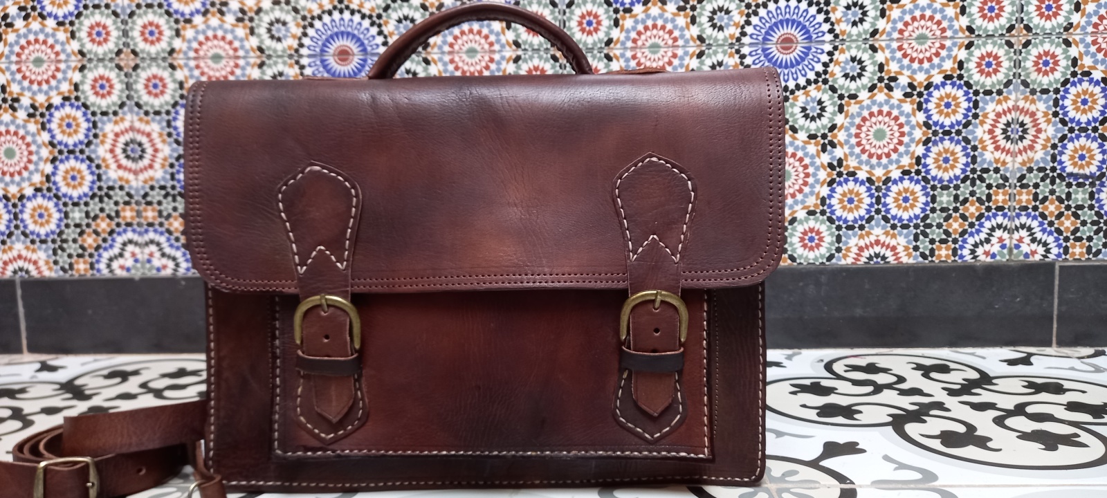 bag leather and Sabra silk Brown, White Morocco | Fair Trade Morocco Anou