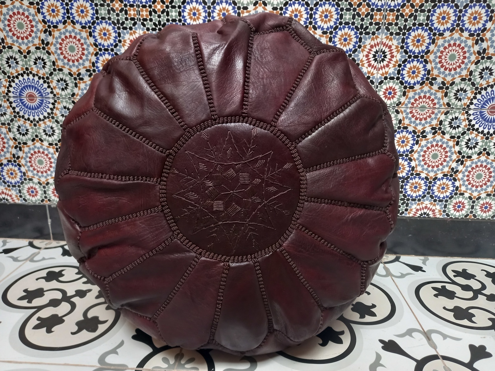 Pouf leather and Sabra silk Brown Morocco | Fair Trade Morocco Anou