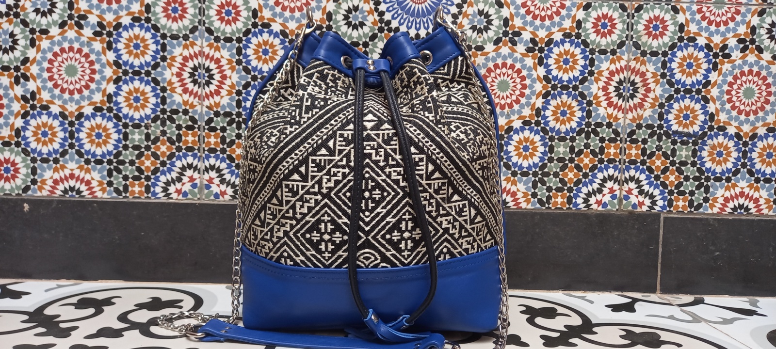 bag leather and Sabra silk Blue, Black Morocco | Fair Trade Morocco Anou