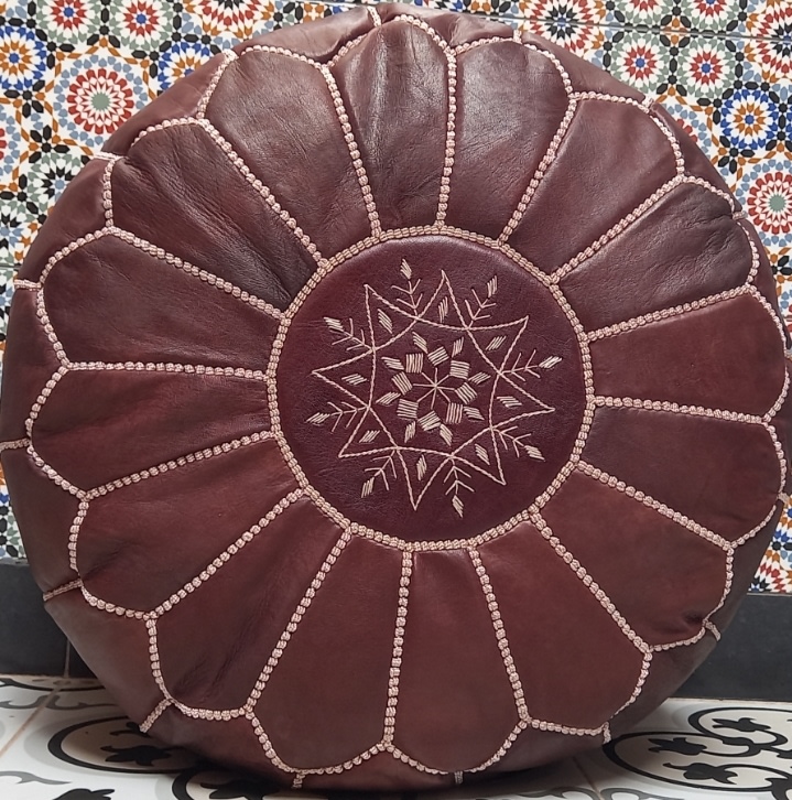 Pouf leather and Sabra silk Brown, White Morocco | Fair Trade Morocco Anou