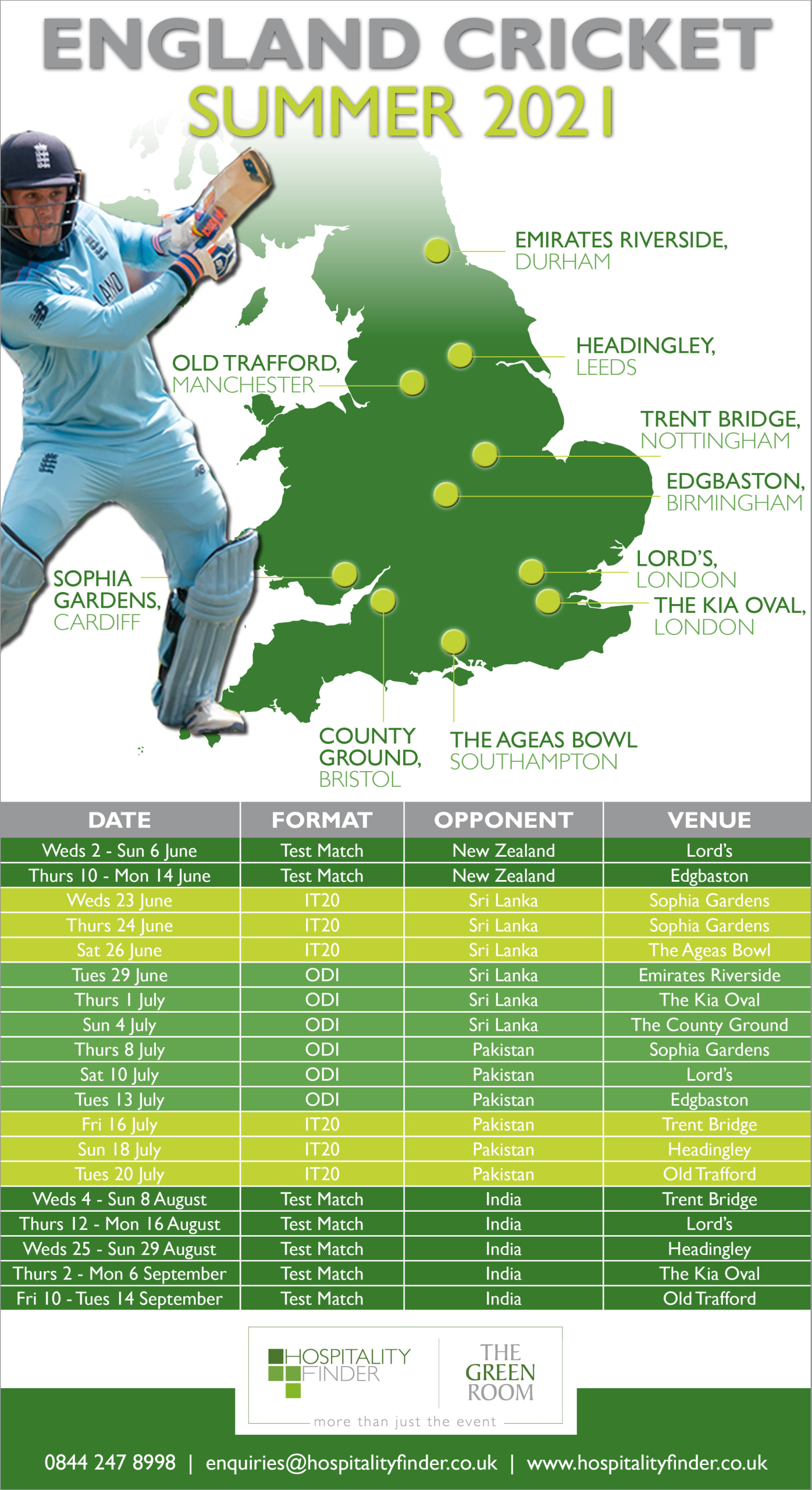 England Cricket summer schedule 2021 - Hospitality Finder