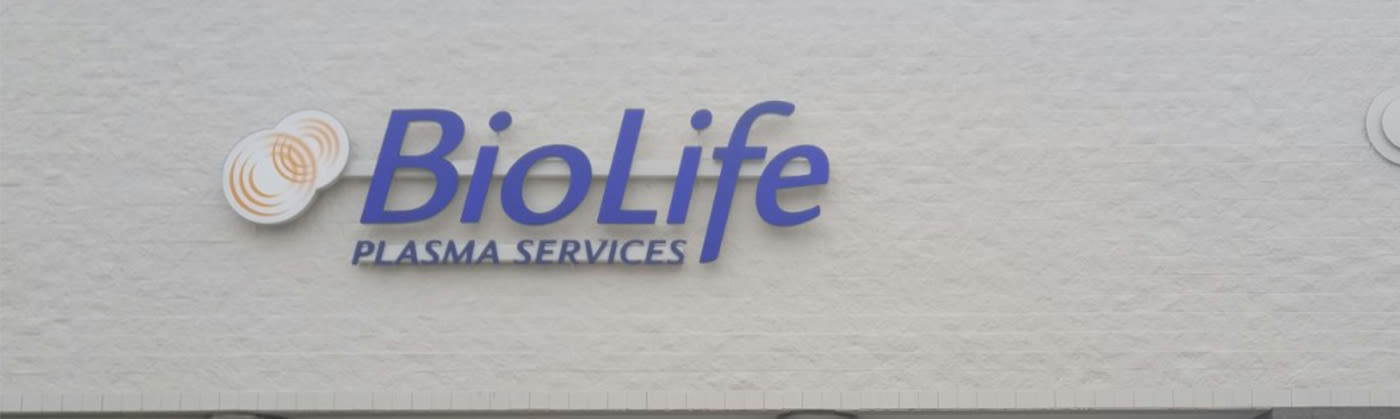 Front entrance sign of BioLife Plasma Services plasma donation center ...