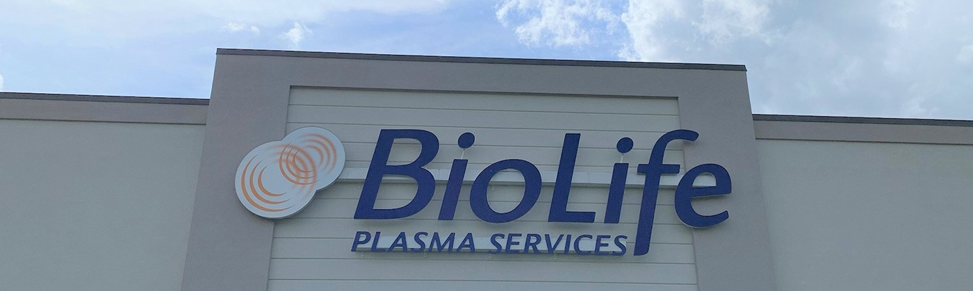 Front entrance sign of BioLife Plasma Services plasma donation center ...