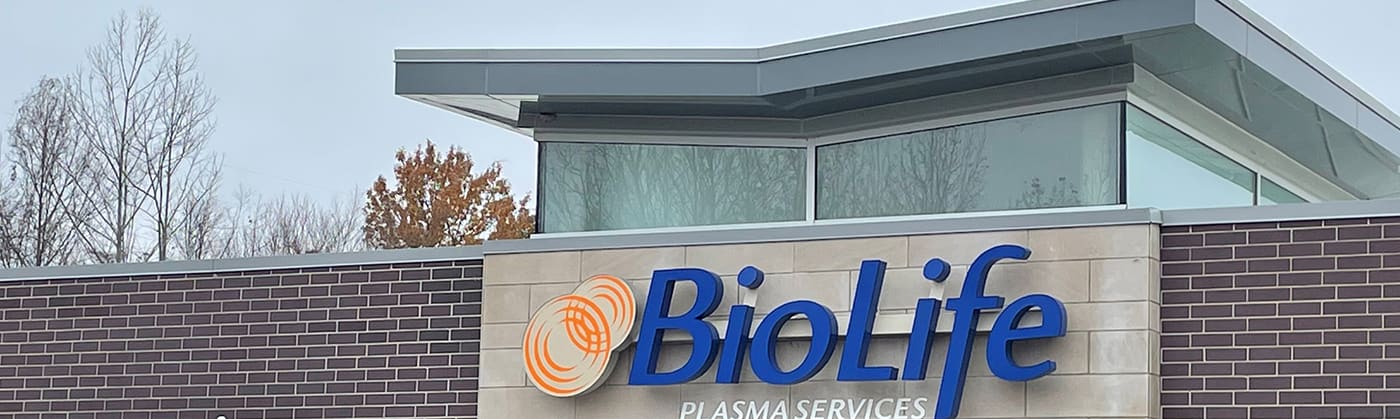 Front entrance sign of BioLife Plasma Services plasma donation center ...