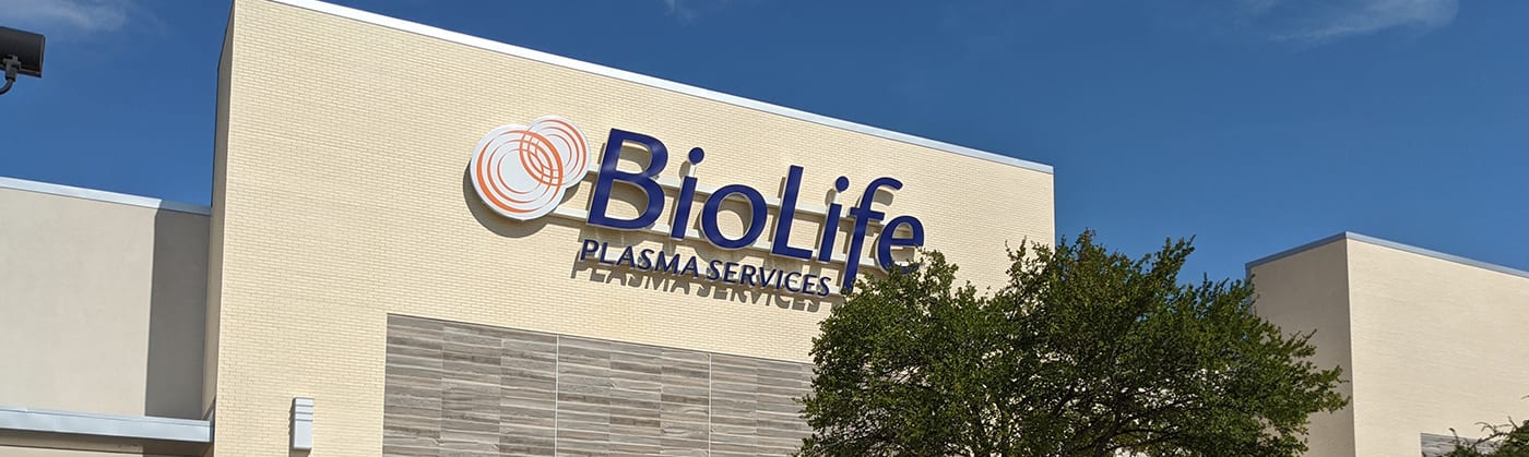 Front entrance sign of BioLife Plasma Services plasma donation center ...