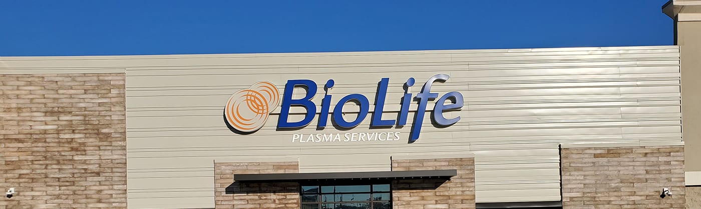 Front entrance sign of BioLife Plasma Services plasma donation center ...