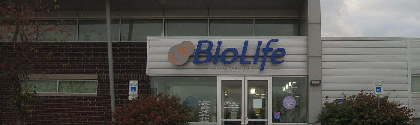 Front entrance of BioLife Plasma Services plasma donation center in ...