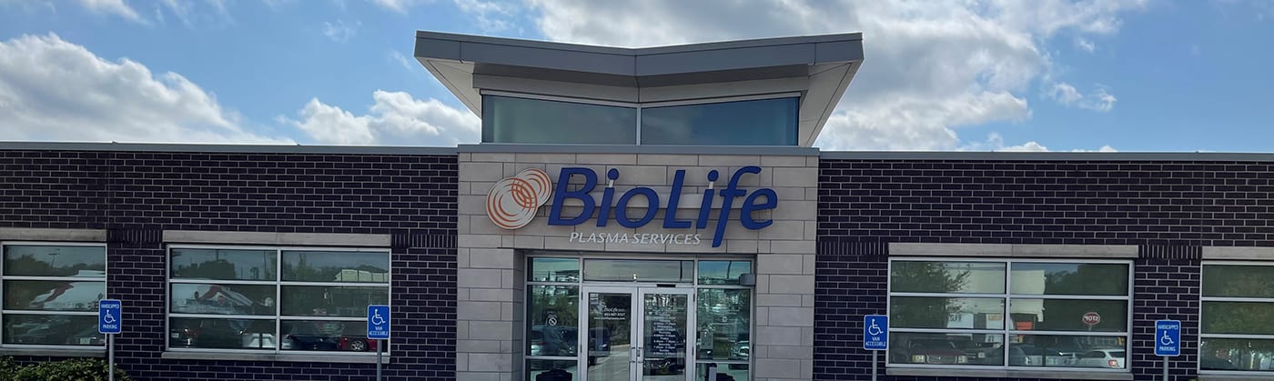Front entrance of BioLife Plasma Services plasma donation center in ...