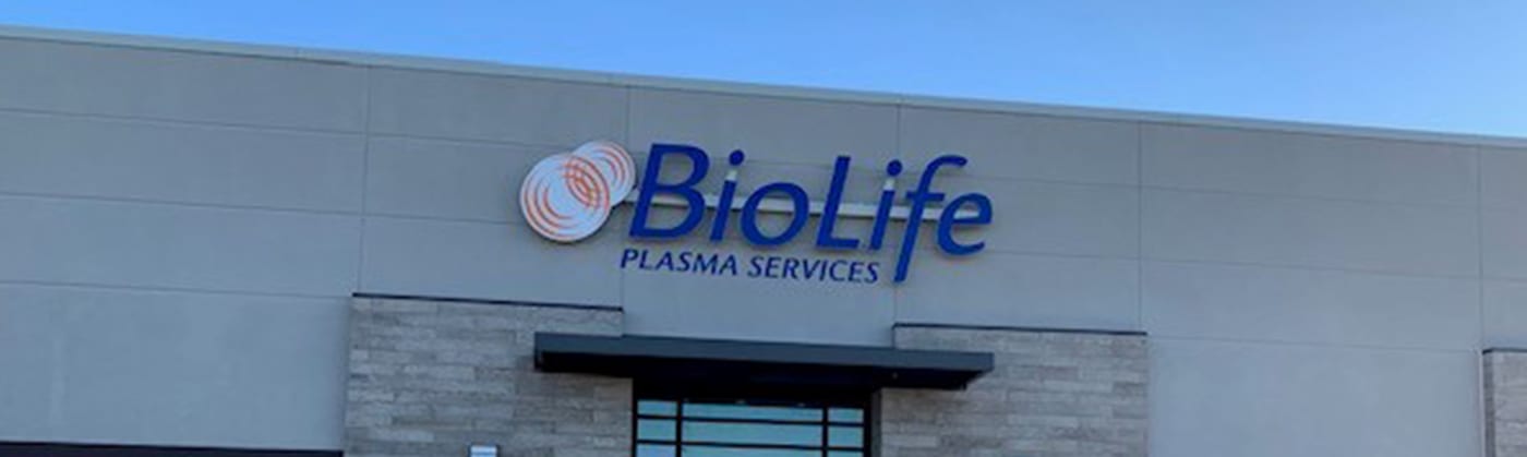 Front entrance sign of BioLife Plasma Services plasma donation center ...