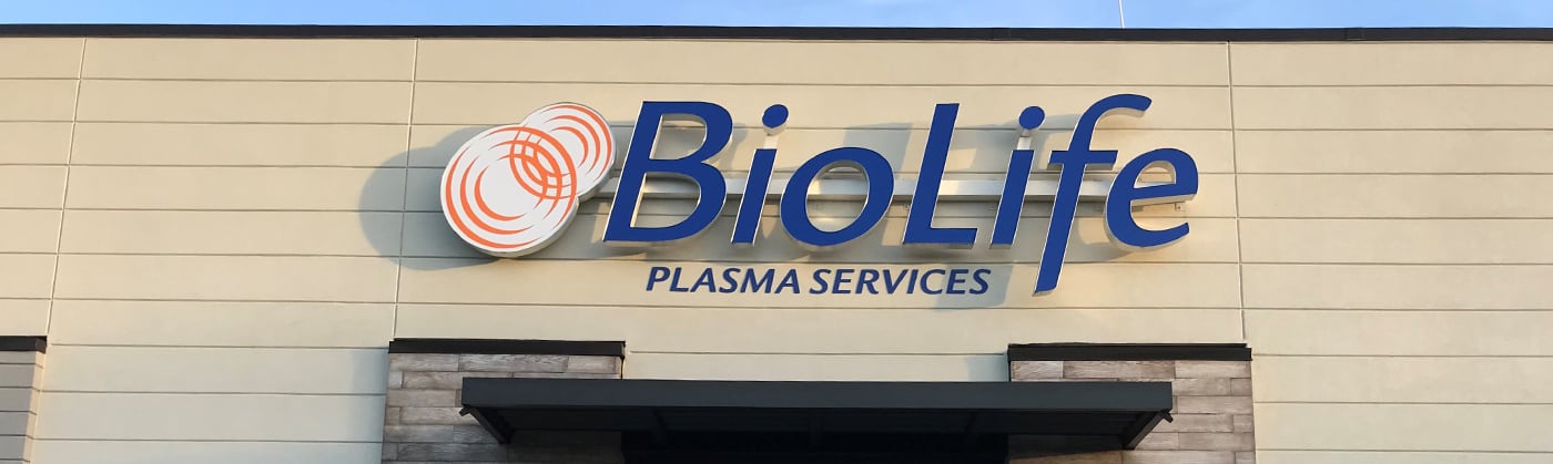 Front entrance sign of BioLife Plasma Services plasma donation center ...