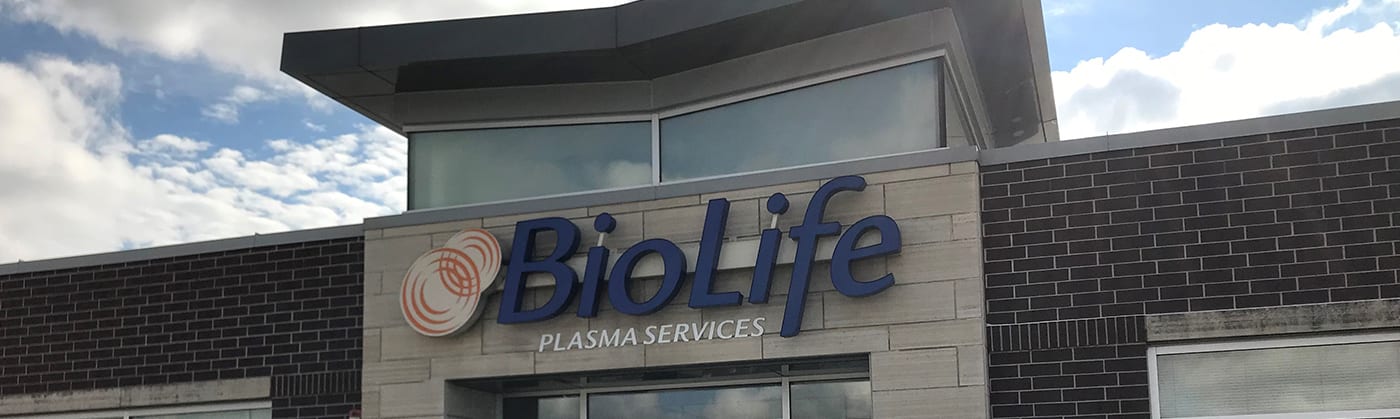 Front entrance sign of BioLife Plasma Services plasma donation center ...