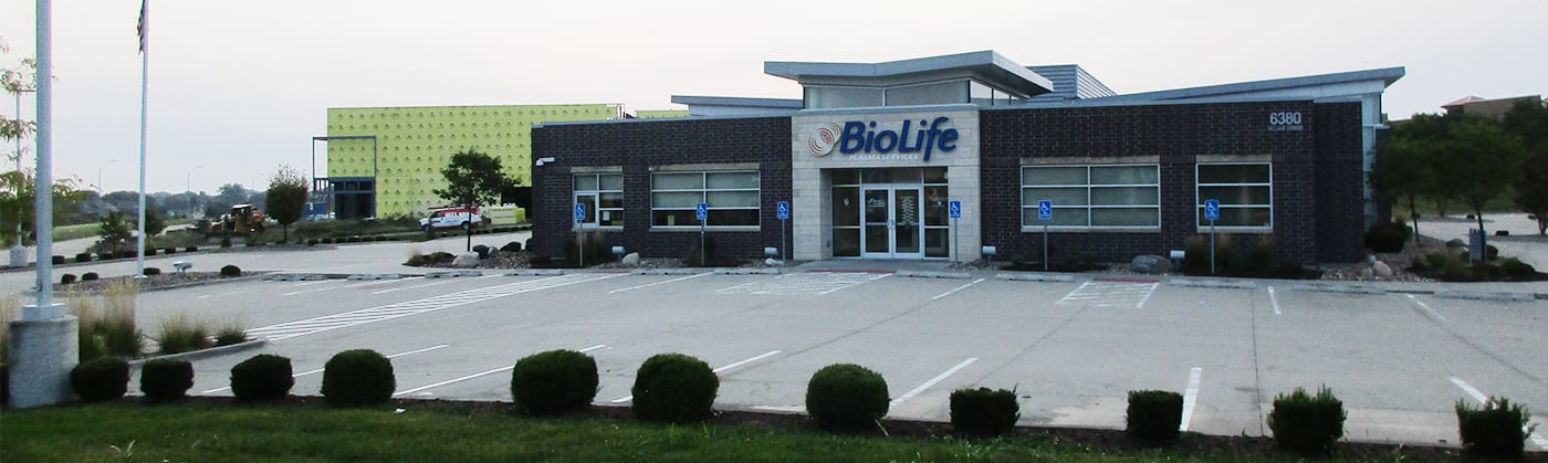 Parking lot view of BioLife Plasma Services plasma donation center in ...