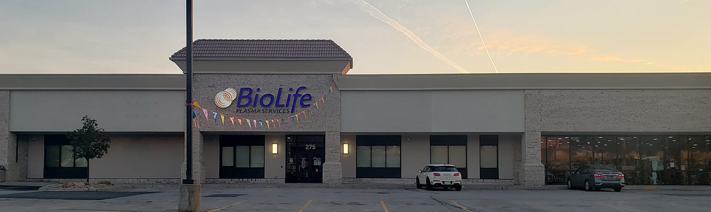 Celebration flags at entrance of BioLife Plasma Services plasma ...