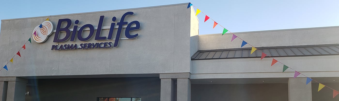 Celebration flags at entrance of BioLife Plasma Services plasma ...