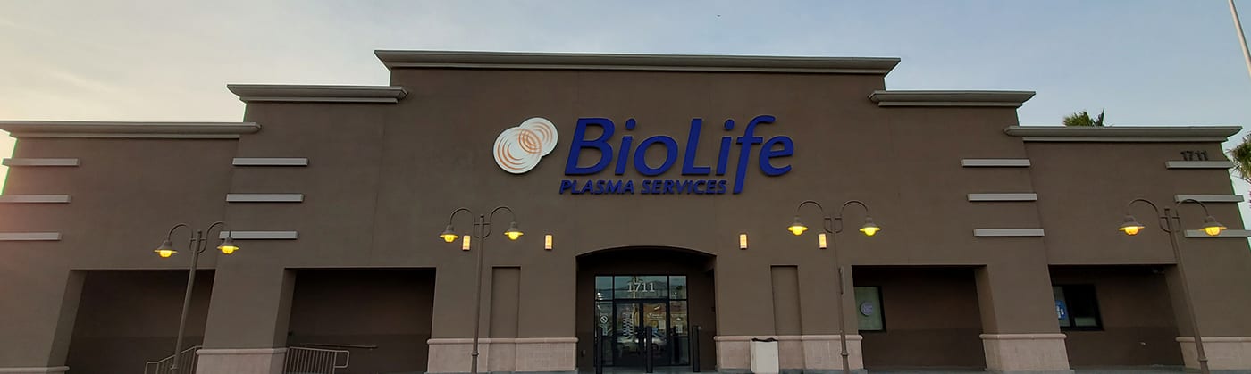 Unique lamps in front of BioLife Plasma Services plasma donation center ...