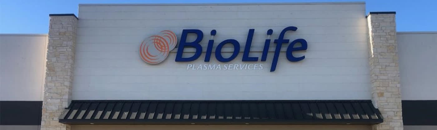 Front entrance sign of BioLife Plasma Services plasma donation center ...