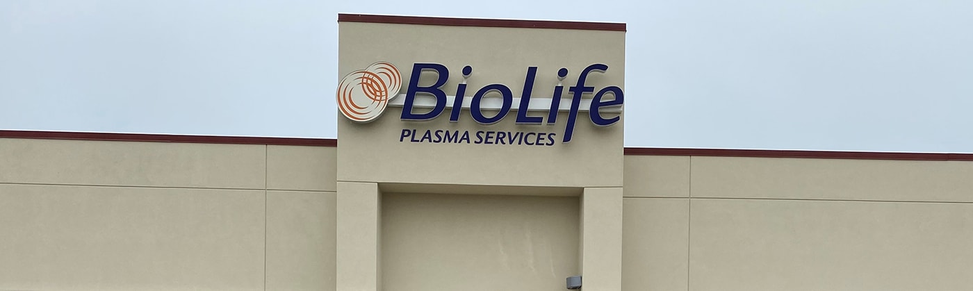 Front entrance sign of BioLife Plasma Services plasma donation center ...