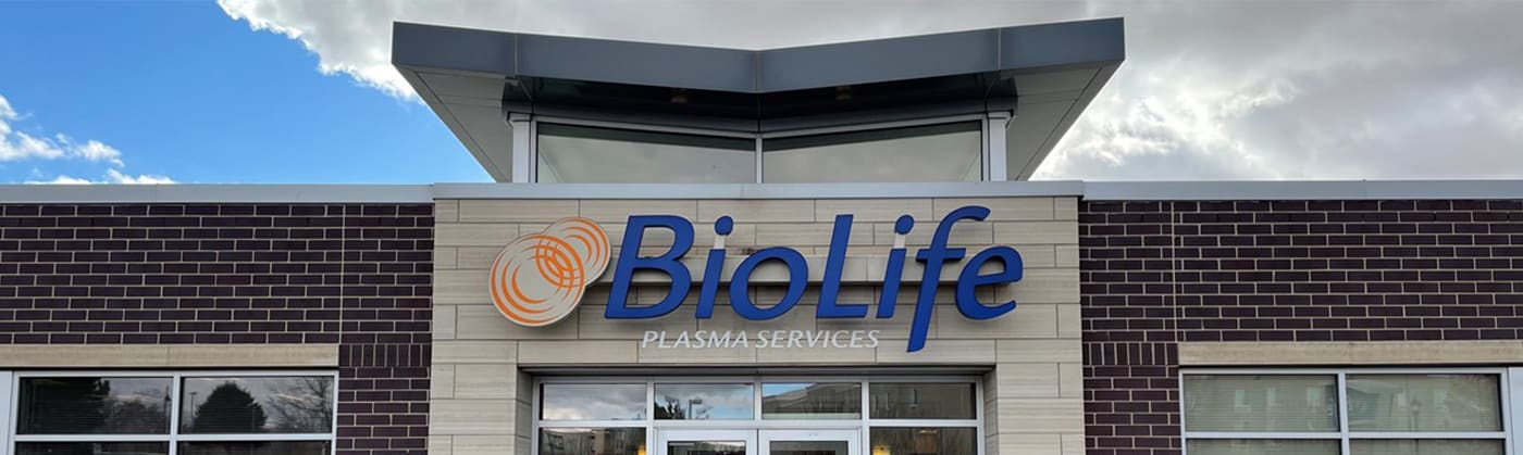 Front entrance sign of BioLife Plasma Services plasma donation center ...