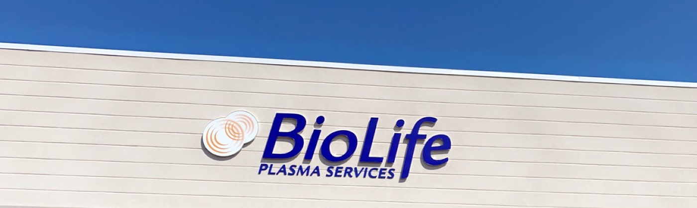 Front entrance sign of BioLife Plasma Services plasma donation center ...