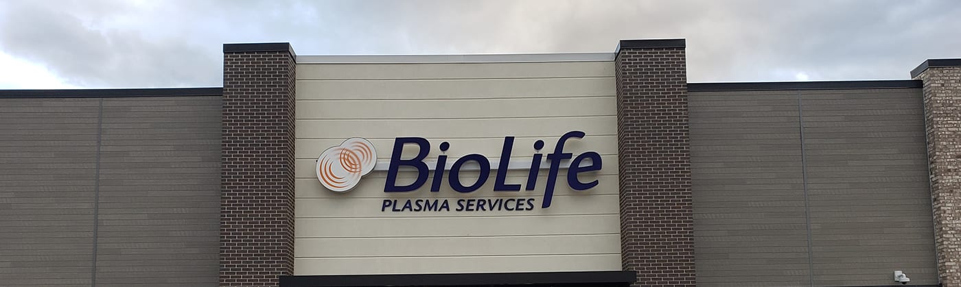 Front entrance sign of BioLife Plasma Services plasma donation center ...