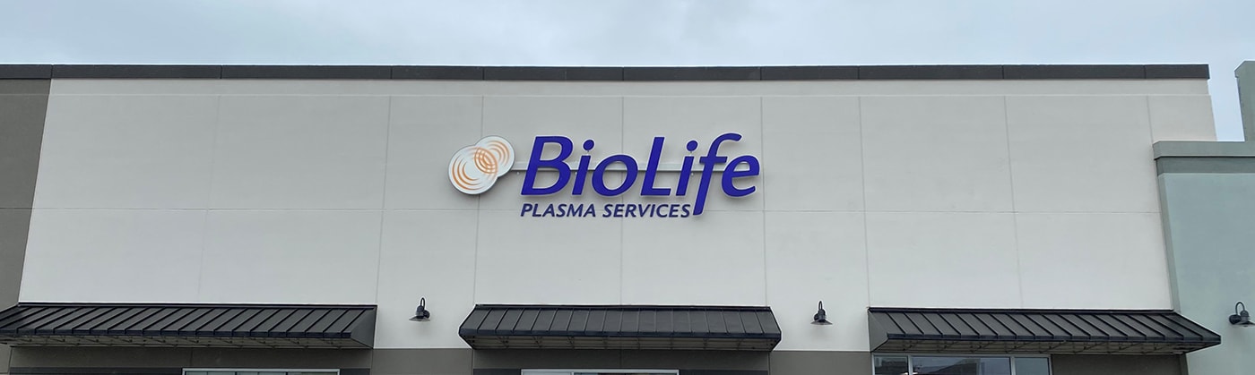 Front entrance sign of BioLife Plasma Services plasma donation center ...