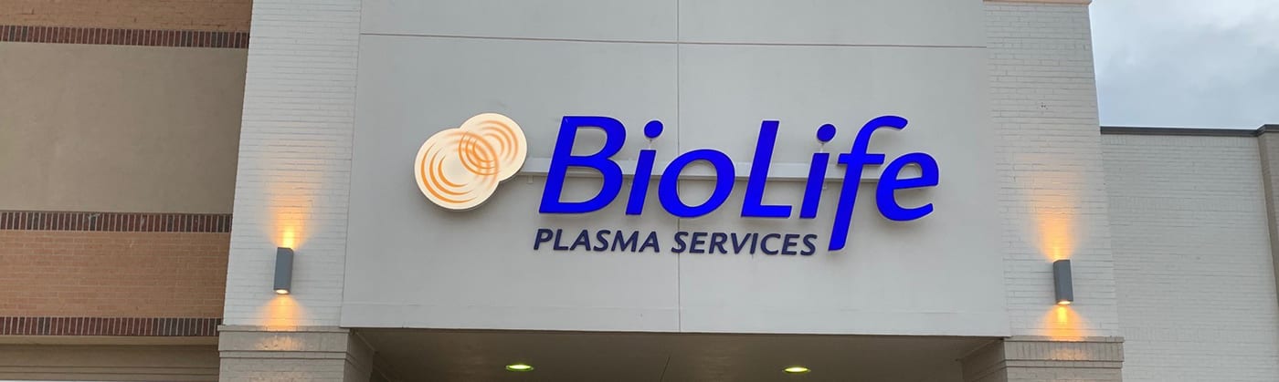 Front entrance sign of BioLife Plasma Services plasma donation center ...