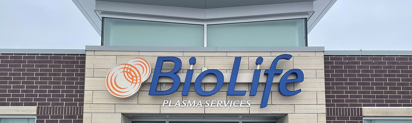 Front entrance sign of BioLife Plasma Services plasma donation center ...