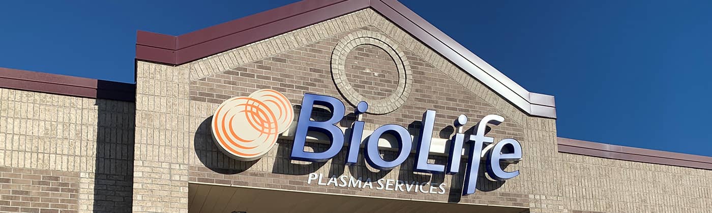 Front entrance sign of BioLife Plasma Services plasma donation center ...