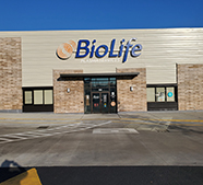 Front entrance sign of BioLife Plasma Services plasma donation center ...