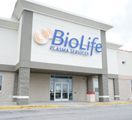 Front entrance sign of BioLife Plasma Services plasma donation center ...